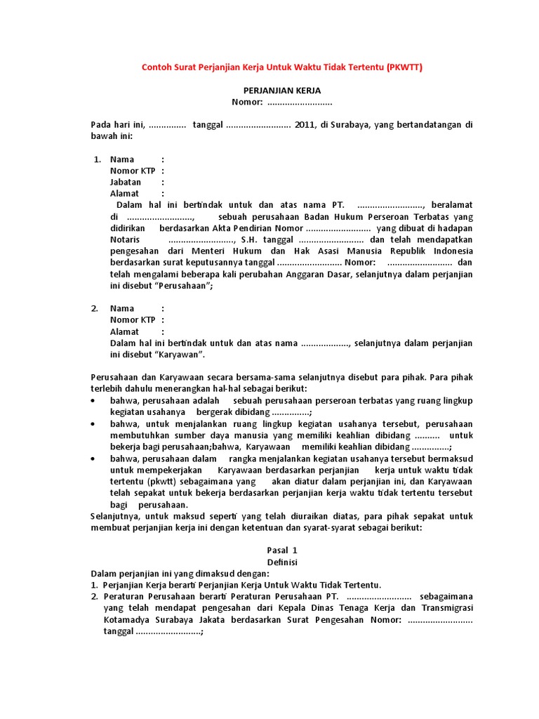 Contoh PKWTT: Surat Perjanjian Kerja | PDF