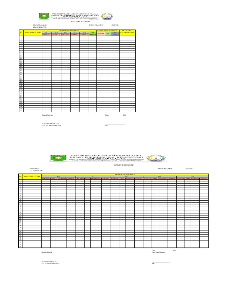 Daftar Nilai Kumer 2022 KLS 7 Formatif | PDF