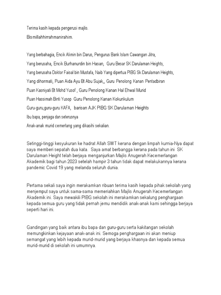 Teks Ucapan Ydp Pibg | PDF