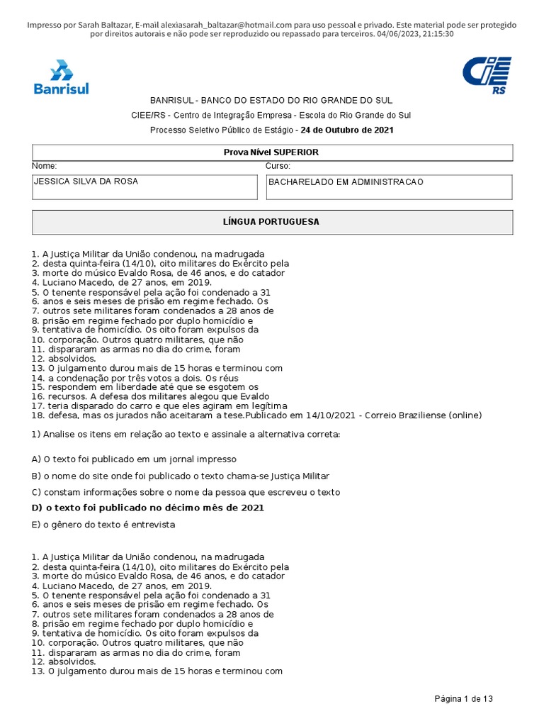 Prova Ciee 2021 Estágio Banrisul - Passei Direto | PDF
