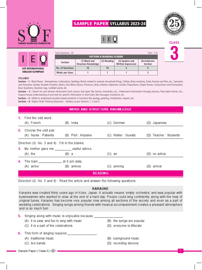 Ieo Sample Paper Class-3 | PDF