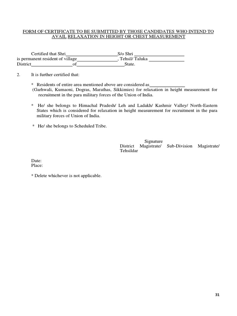 Height and Chest Relaxation Certificate Form | PDF
