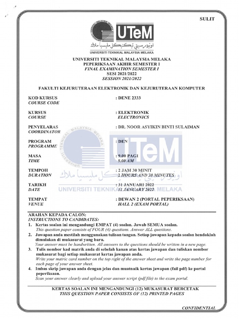 Exam Paper Utem 2022 | PDF