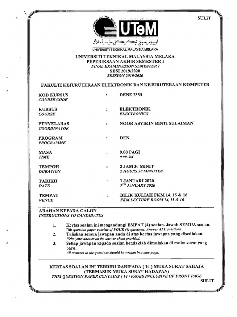 Exam Paper Utem Elektronik 2020 | PDF