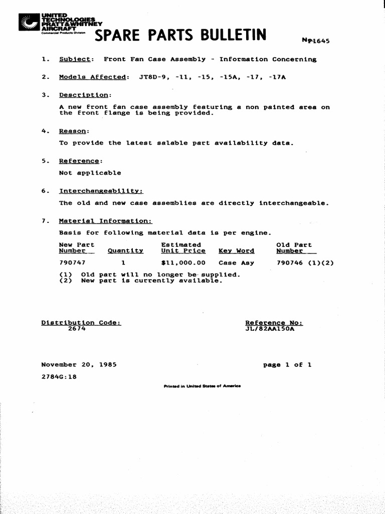Spare Parts Bulletin: Pratt&Whitney | PDF