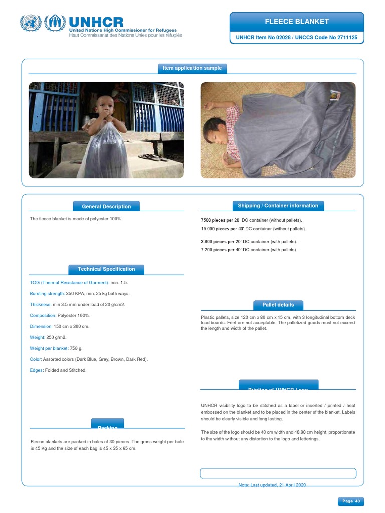 Unhcr - Core - Relief - Items - Catalogue - Blanket | PDF | Pallet