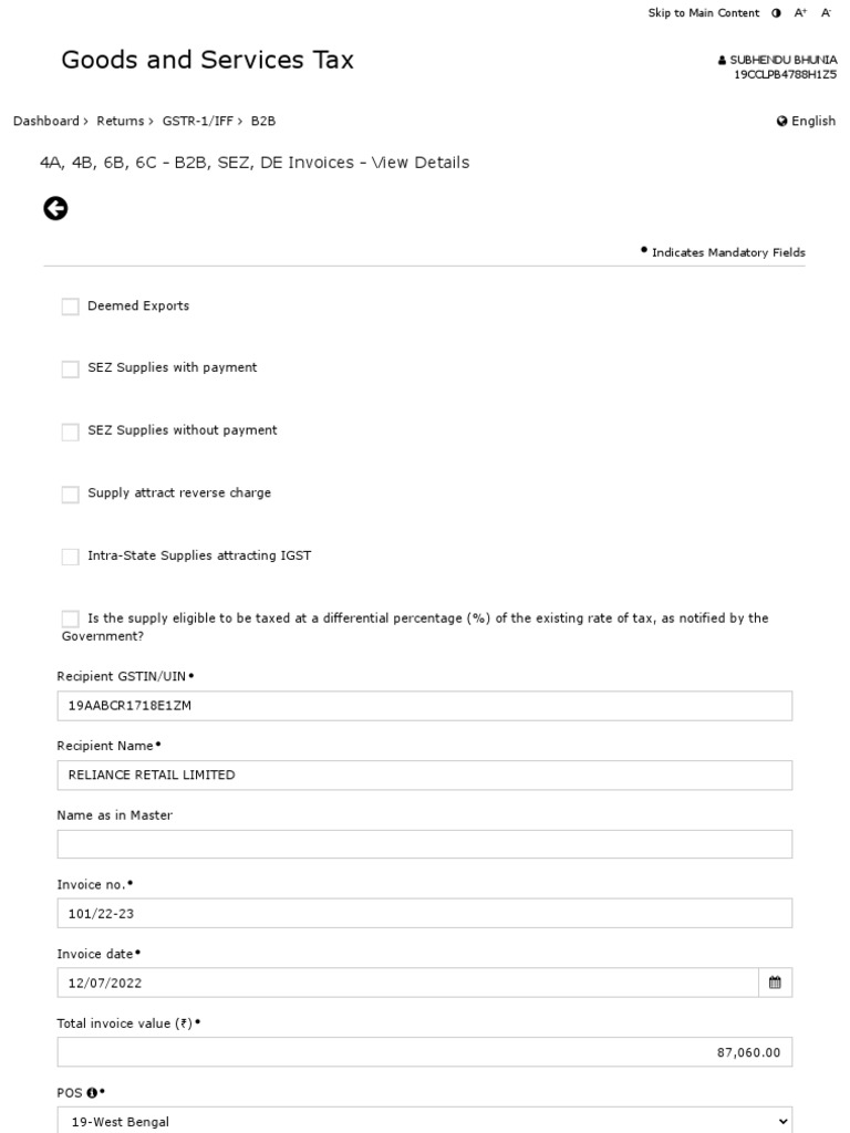 Goods and Services Tax: 4A, 4B, 6B, 6C - B2B, SEZ, DE Invoices - View ...