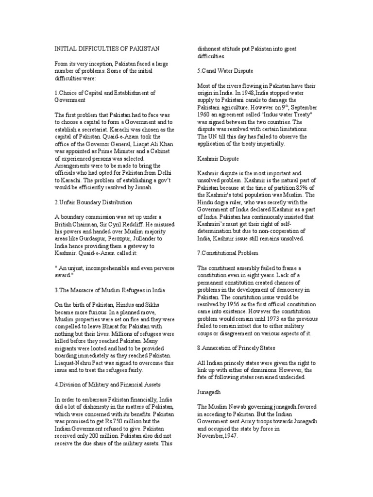 Initial Difficulties of Pakistan | PDF | Pakistan | Muhammad Ali Jinnah