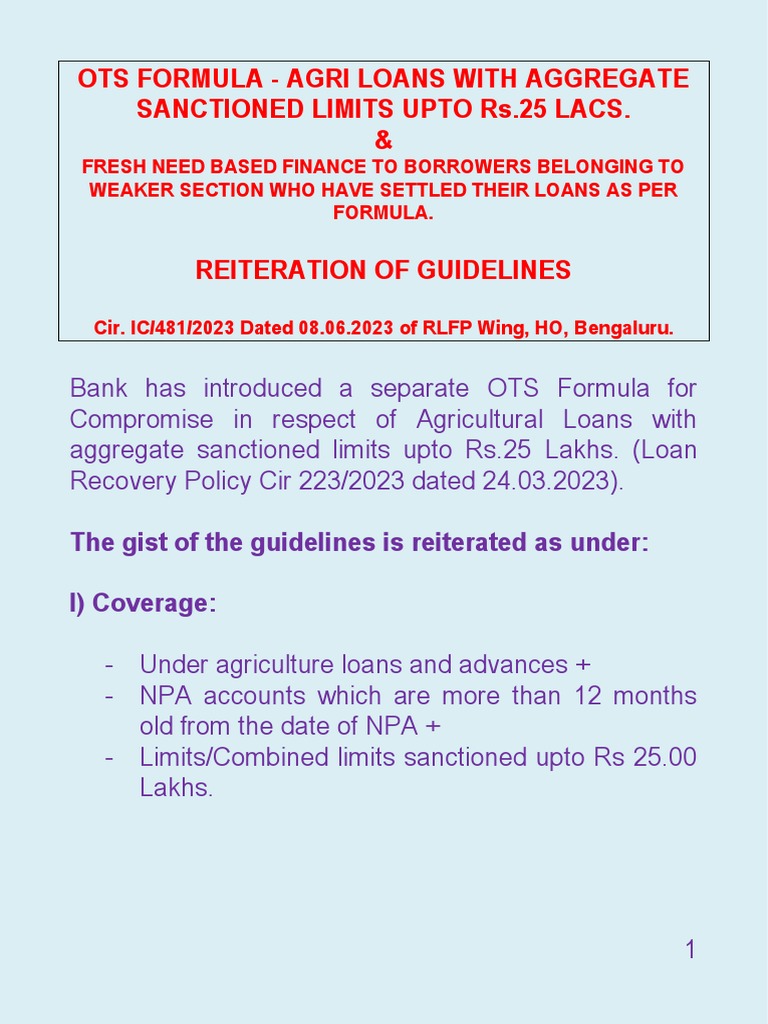 OTS FORMULA Agri Loans Upto 25 Lacs Cir 481 2023 Mobile Version | PDF