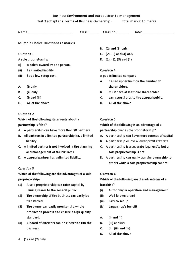 Business Test 2 With Answer | PDF | Franchising | Partnership