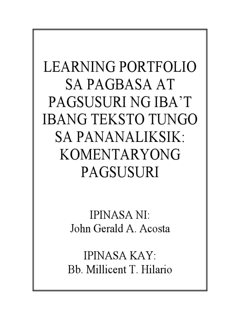 Learning Portfolio Sa Pagbasa at Pagsusuri | PDF