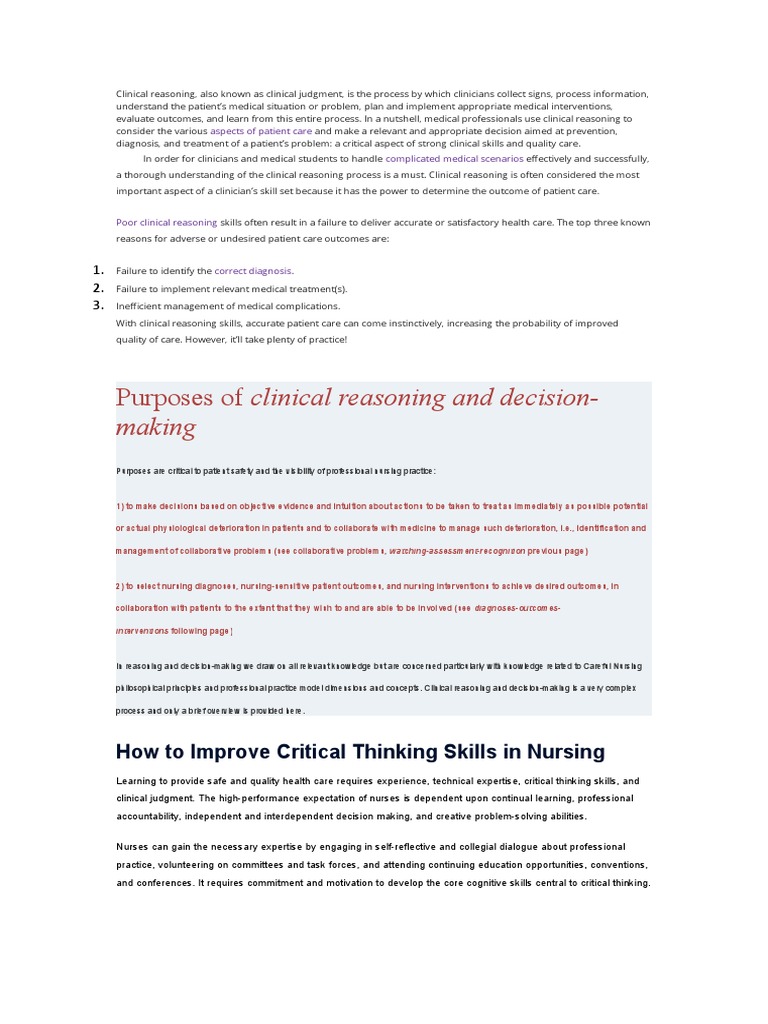 Importance of Clinical Reasoning in Nursing | PDF | Nursing | Medical ...
