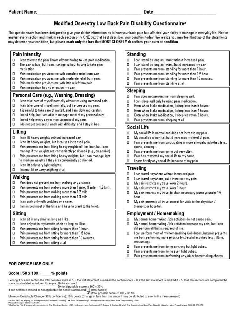 Modified Oswestry Low Back Pain Disability Questionnaire | PDF Modified Oswestry Low Back Pain Disability Questionnaire | PDF