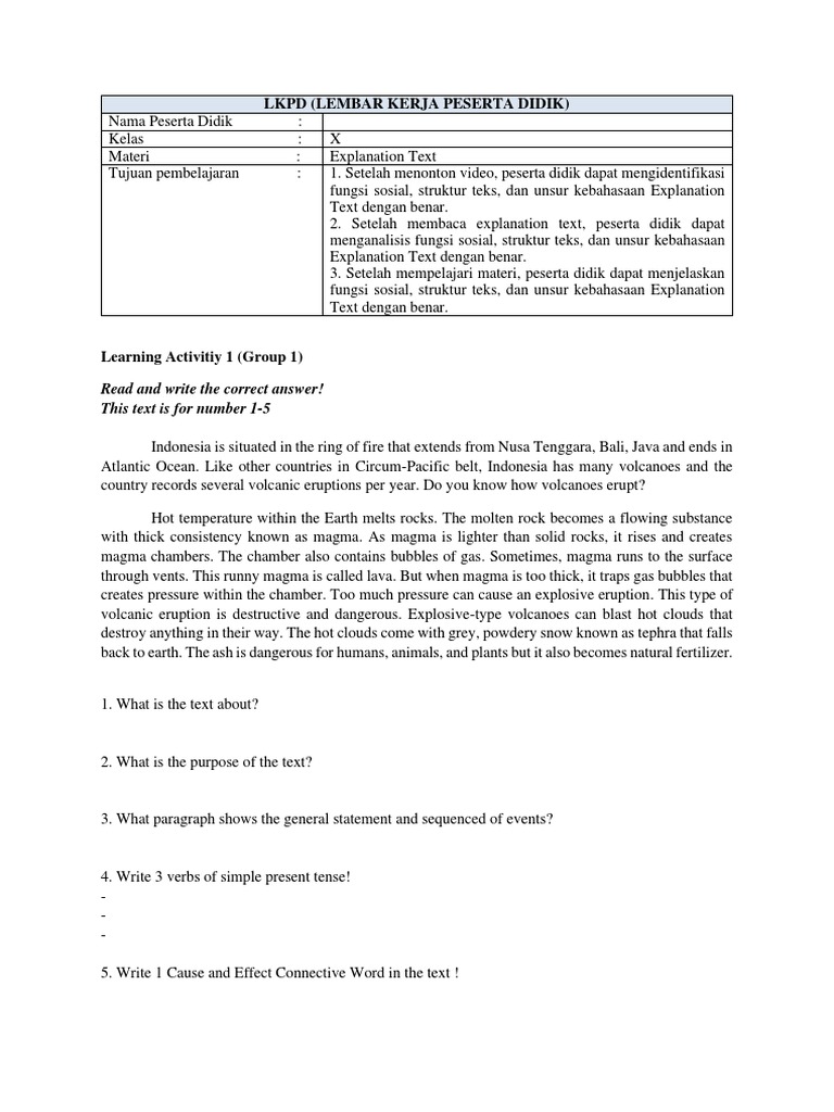LKPD Explanation Text Siklus II PTK | PDF | Atmosphere Of Earth | Volcano