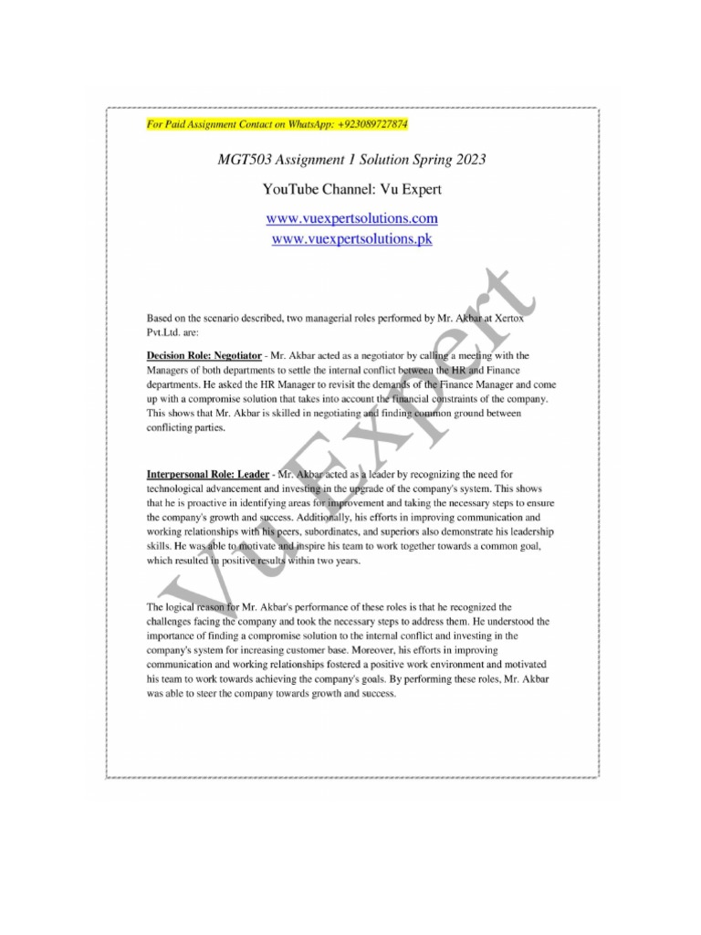 Mgt503 Assign 1 Sol Spring 2023 Vu Expert | PDF