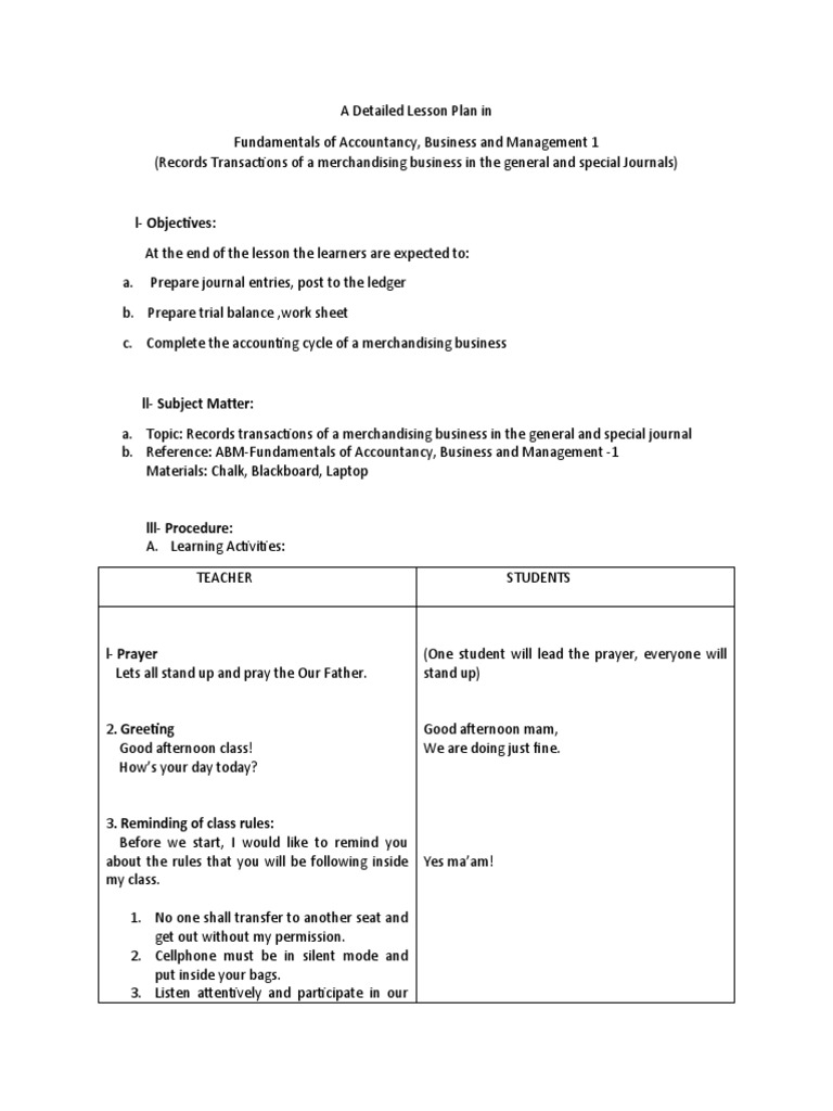 FABM 1 Lesson Plan: Journals in Accounting | PDF | Accounting | Cognition