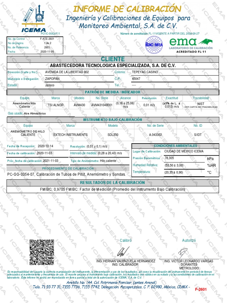 2020 - Certificado Calibracion Anemometro GDLL | PDF