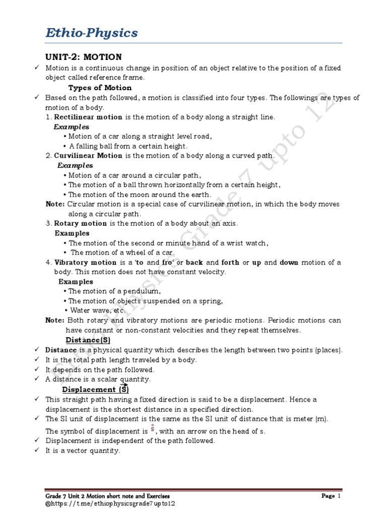Grade 7 Unit 2 Motion Short Note and Exercies Questions | PDF ...
