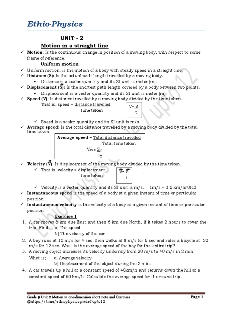 Grade 9 Unit 2 Motion in 1D Short Note and Exercies Questions | PDF ...