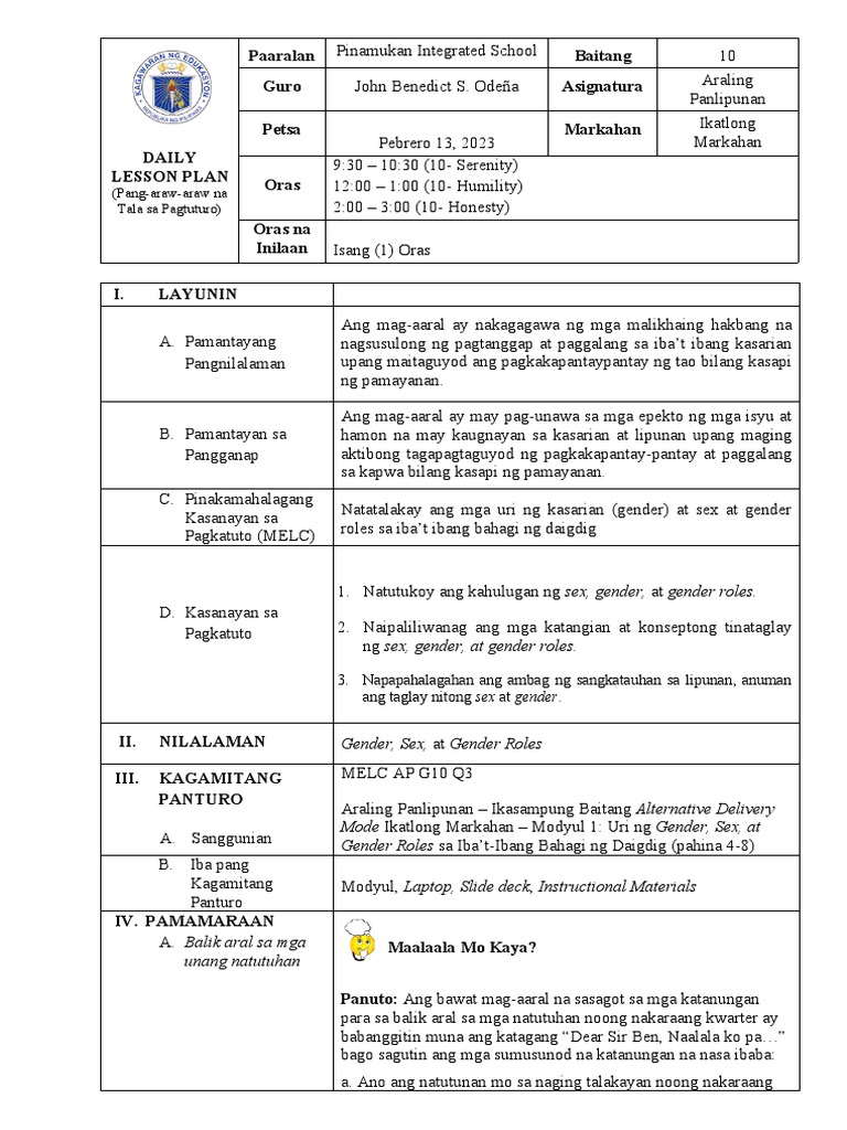 Daily Lesson Plan Week 1 Day 1 Ap | PDF