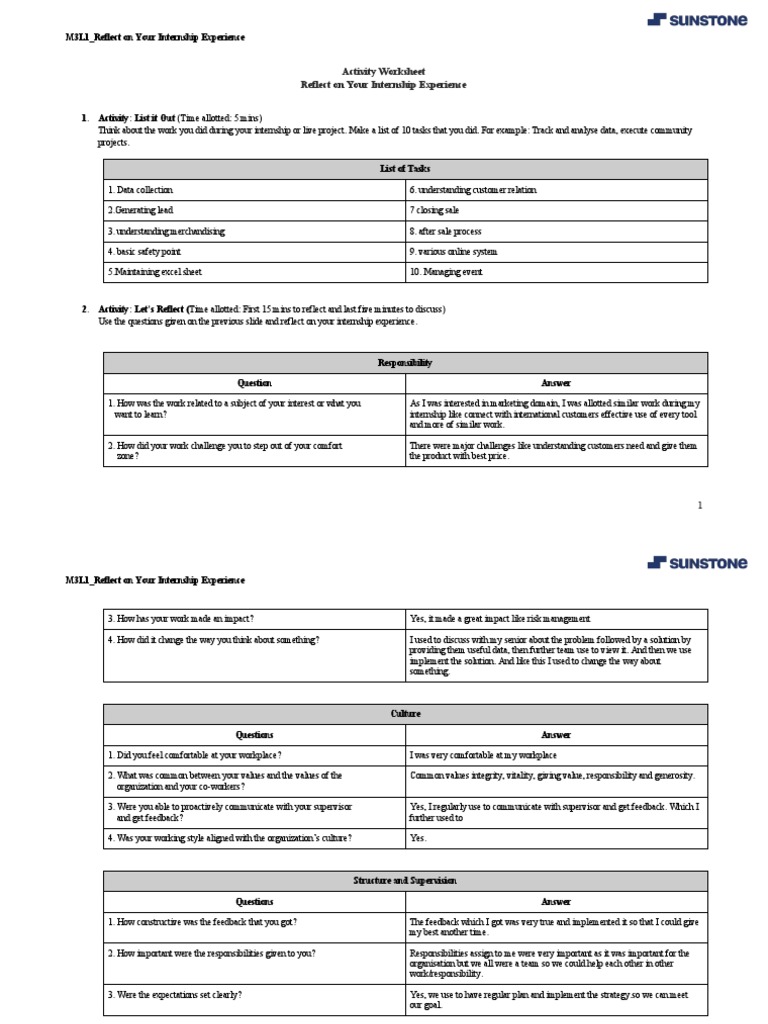 Internship Reflection Guide | PDF | Experience | Business