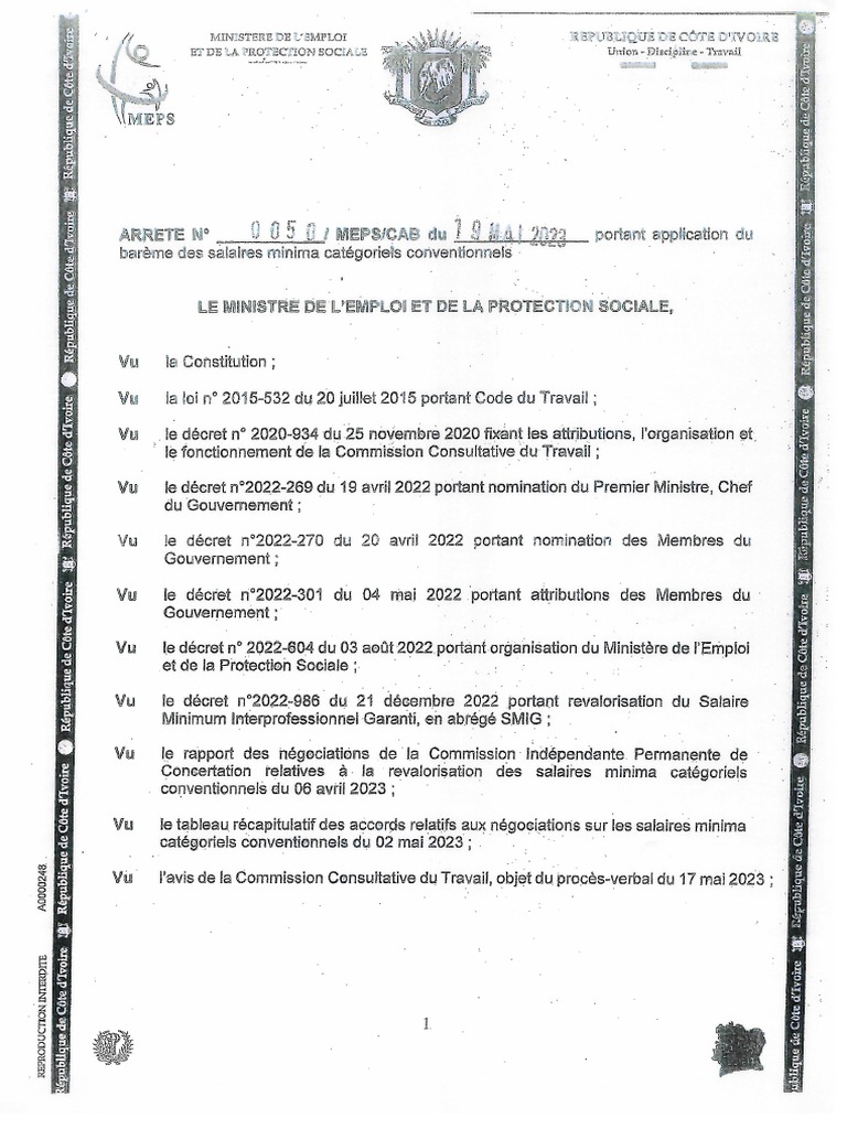 Arrêté 0050 du 19 mai 2023 portant application du barème des SMCC | PDF