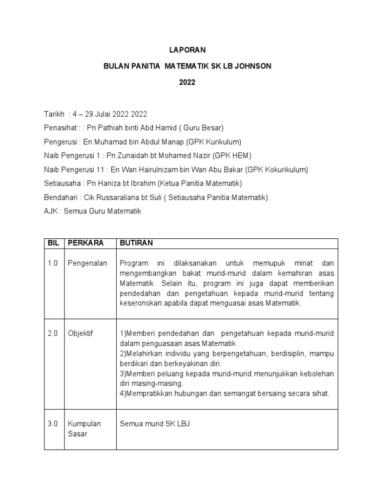 laporan Bulan Panitia Mt 2022 | PDF