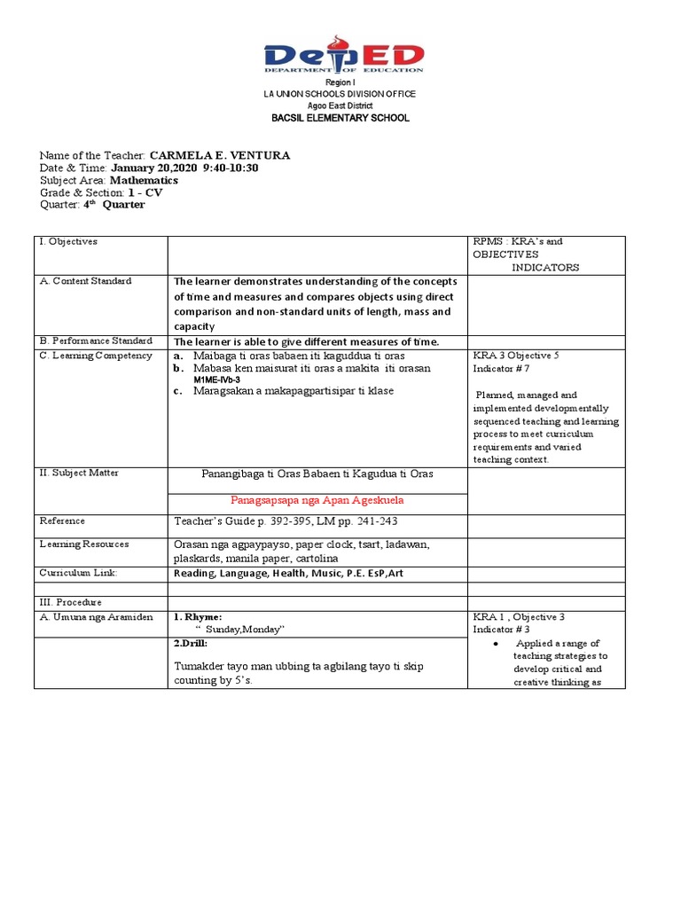 COT - CV Q 4 Math | PDF | Learning | Curriculum