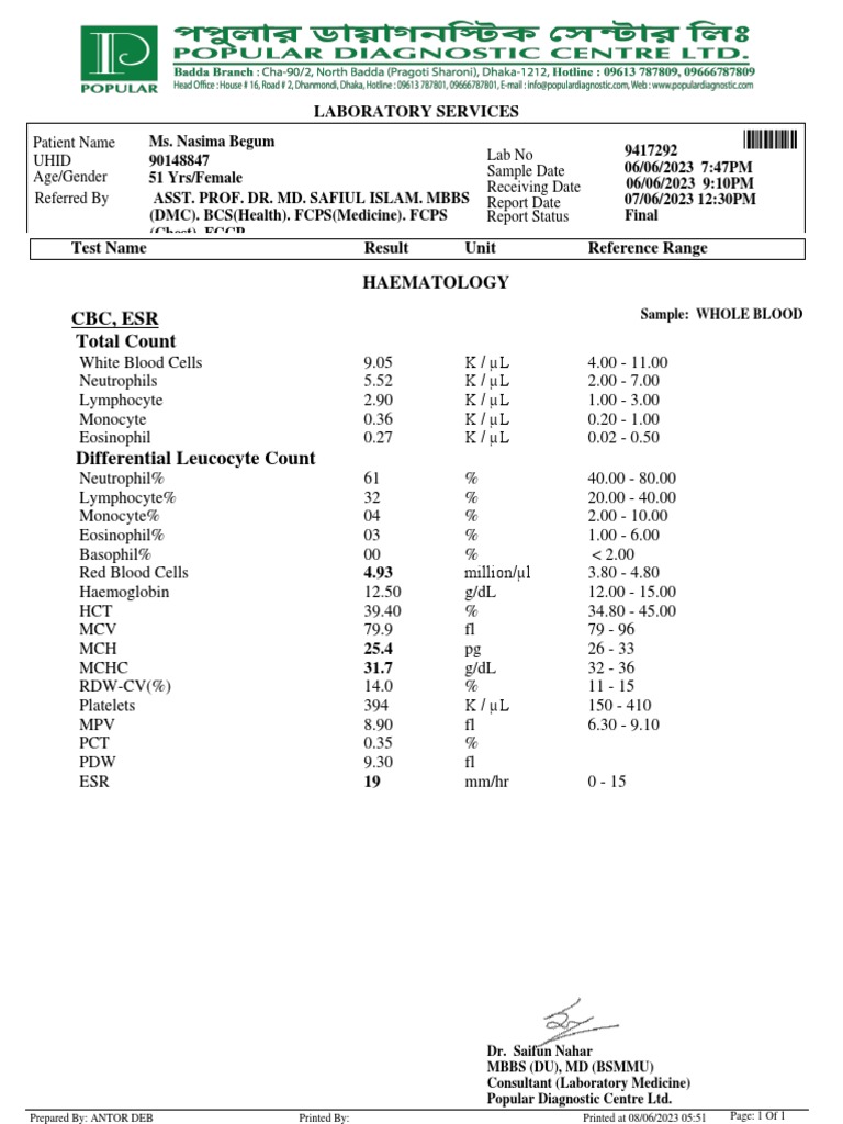 Lab Result | PDF | Blood Cell | White Blood Cell