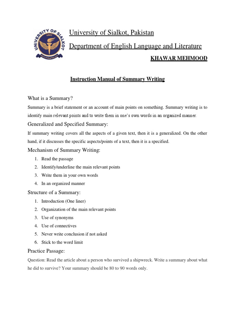 Instruction Manual For Summary Writing.. | PDF | Question