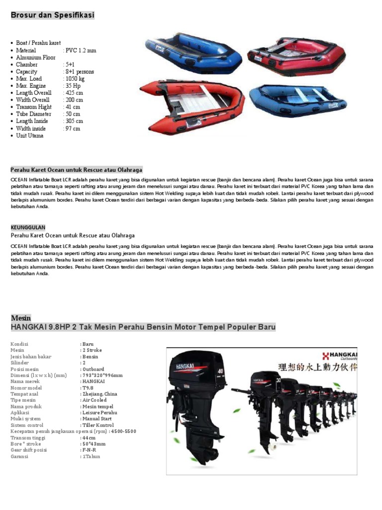 Brosur & Spesifikasi Perahu Karet + Hangkai 9.8 | PDF | Griya & Taman | Teknologi & Rekayasa