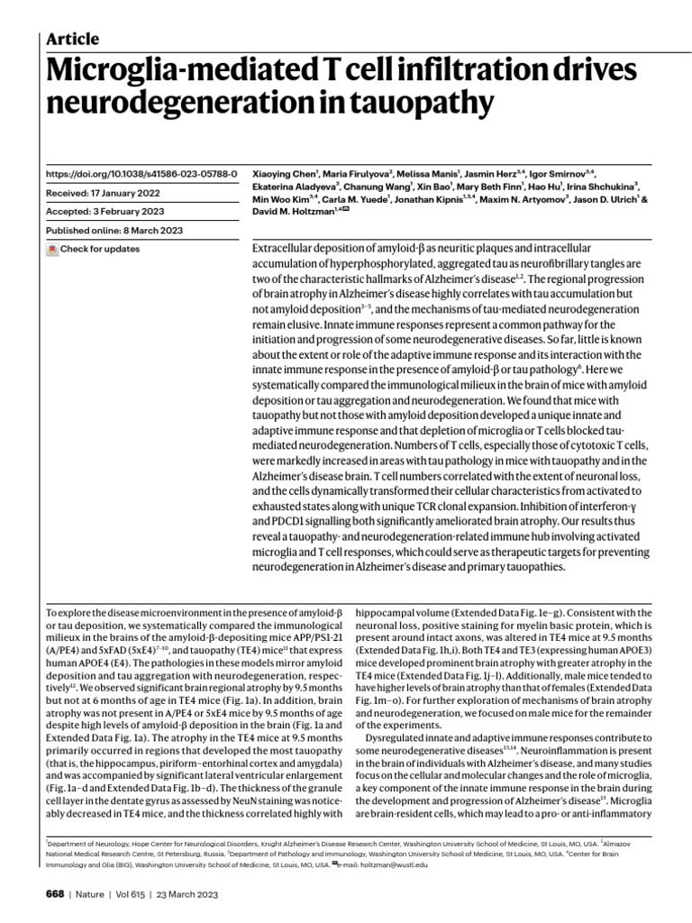 3 Microglia-Mediated T Cell Infiltration Drives Neurodegeneration in Tauopathy | PDF | Amyloid ...