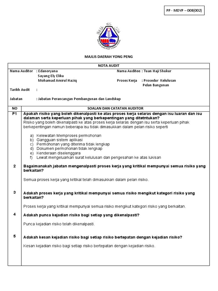 NOTA AUDIT Pelan Risiko PB | PDF