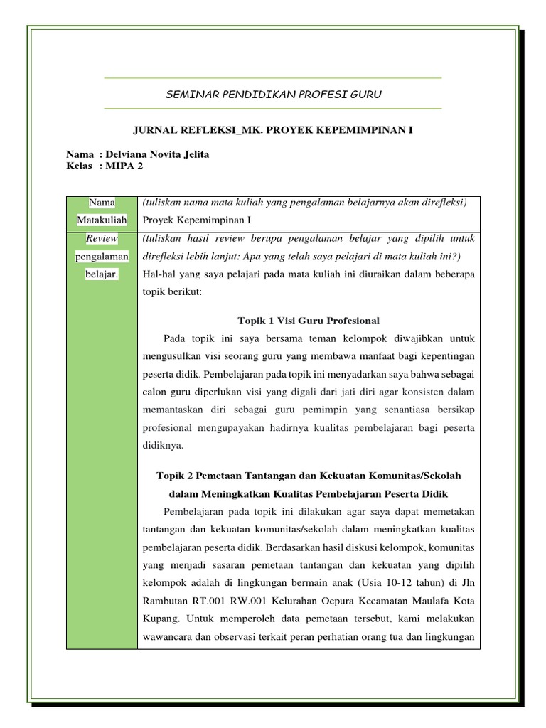 Jurnal Refleksi - MK Proyek Kepemimpinan I | PDF