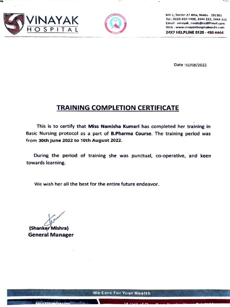 Vinayak Hospital Training Completion Certificate | PDF