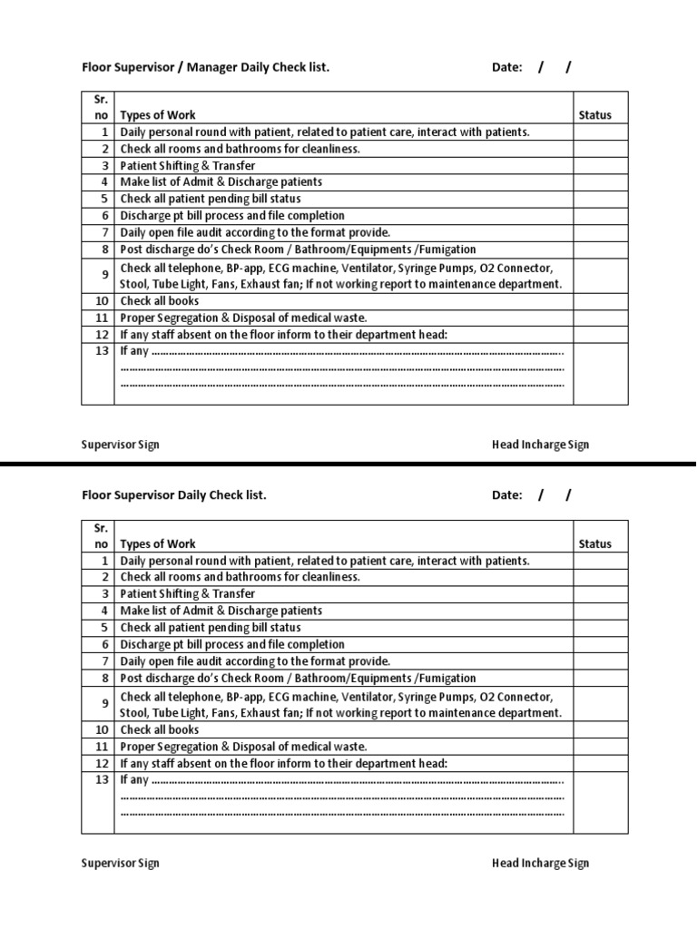Floor Supervisor Checklist | PDF | Patient | Equipment