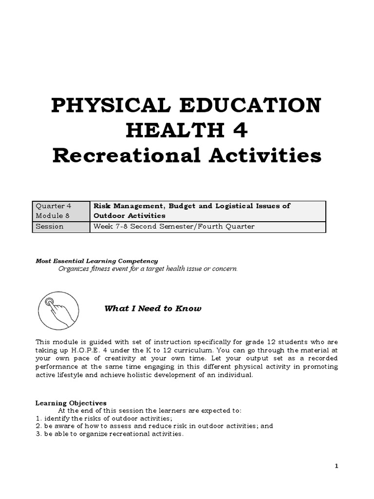 HOPE 4 Module 8 Risk Management Budget and Logistical Issues in Outdoor ...