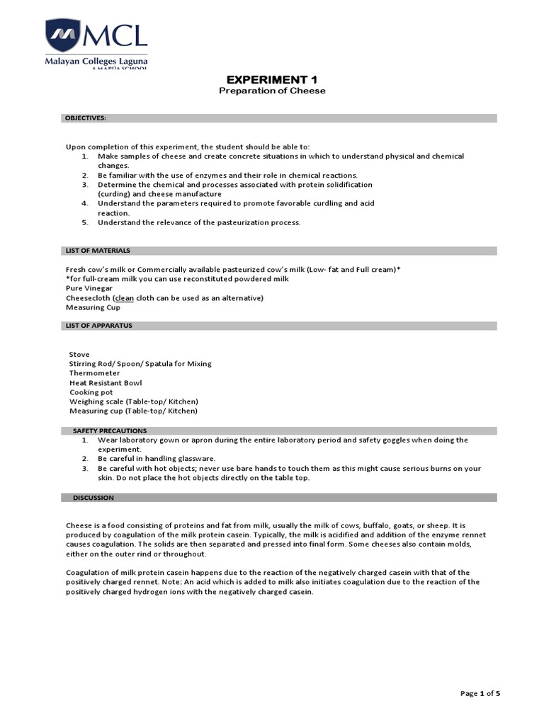Experiment No 1 Preparation of Cheese | PDF | Milk | Cheese