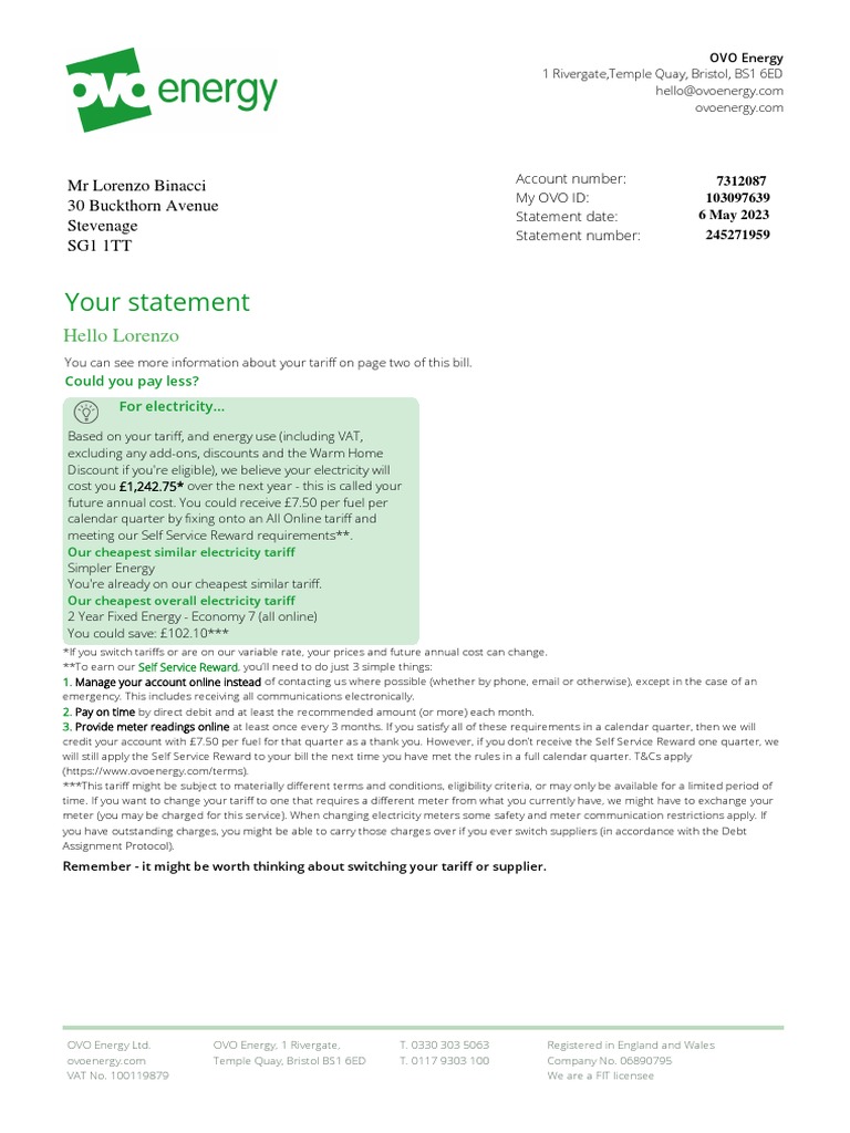 OVO Energy Bill Overview and Tariff Details | PDF | Value Added Tax ...