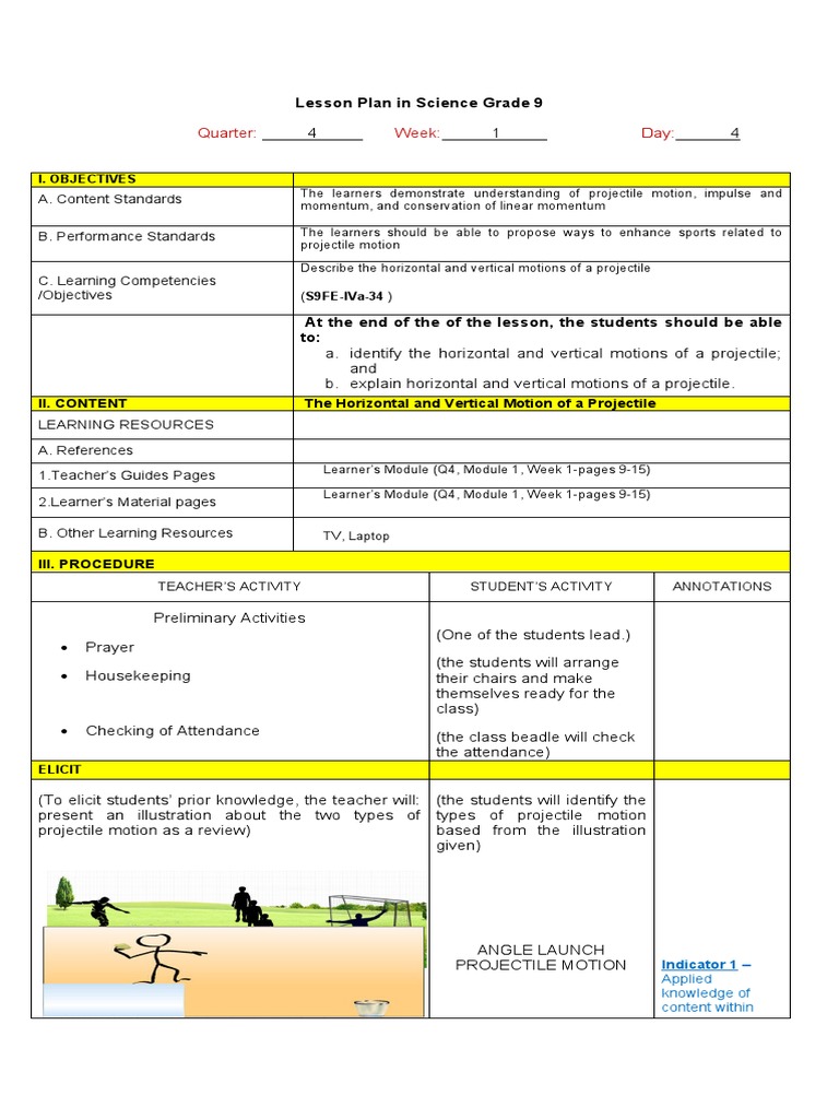 Lesson Plan in Science Grade 9 COT 4 With Indicators | PDF | Projectiles | Acceleration