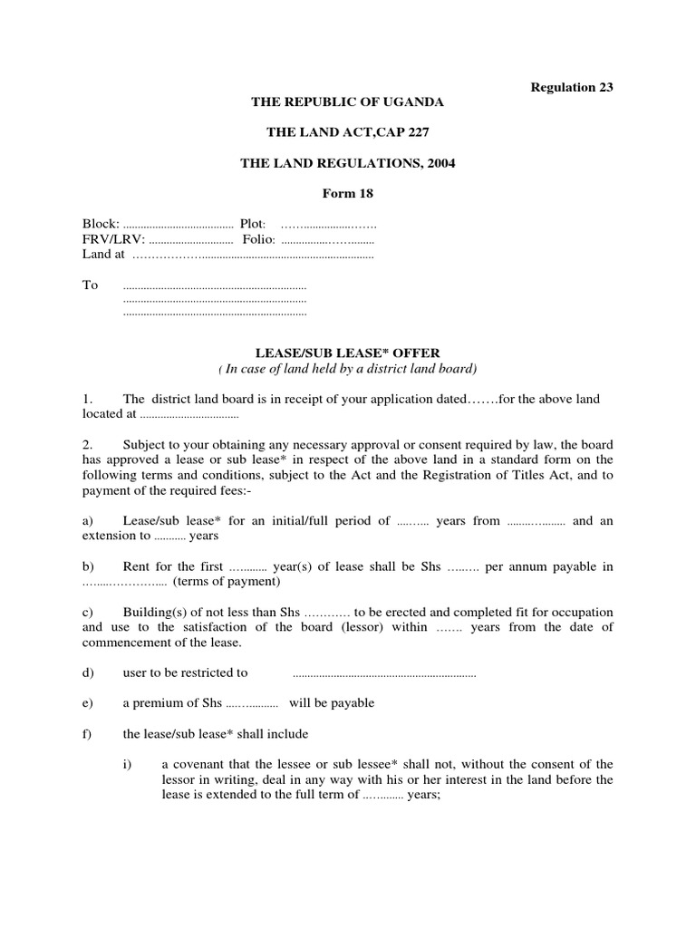 Uganda Land Lease Offer Form 18 | PDF | Lease | Private Law