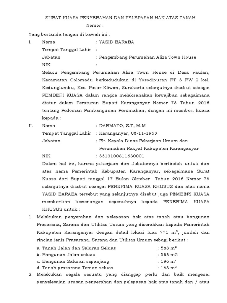 SURAT KUASA PENYERAHAN DAN PELEPASAN HAK ATAS TANAH | PDF