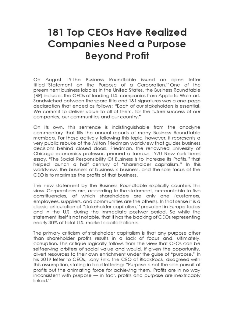 CEOs Embrace Purpose Over Profit | PDF | Mergers And Acquisitions ...