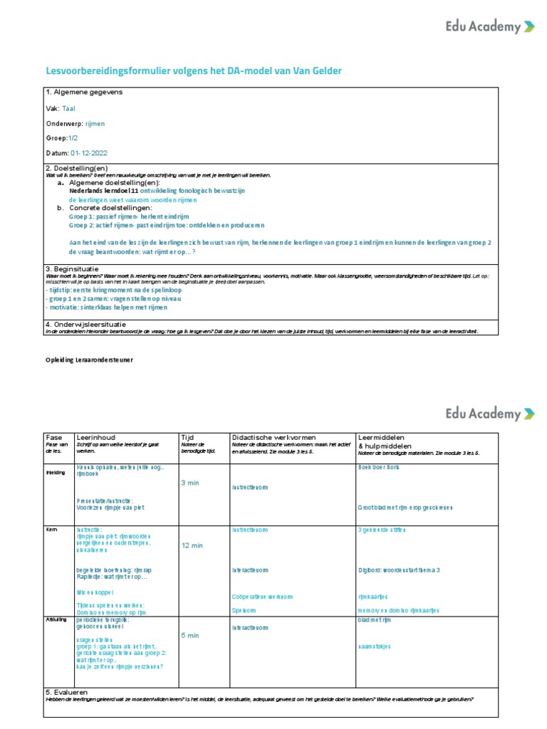 Lesvoorbereidingsformulier Volgens Het DA-model - Leraarondersteuner | PDF