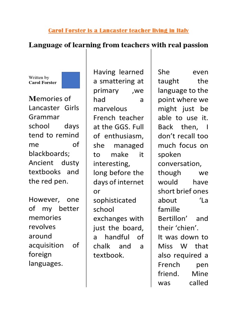 Carol Forster Is A Lancaster Teacher Living in Italy | PDF