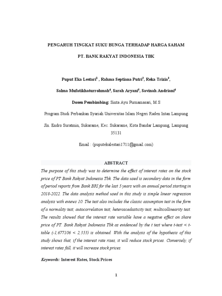 PENGARUH TINGKAT SUKU BUNGA TERHADAP HARGA SAHAM BANK RAKYAT INDONESIA ...