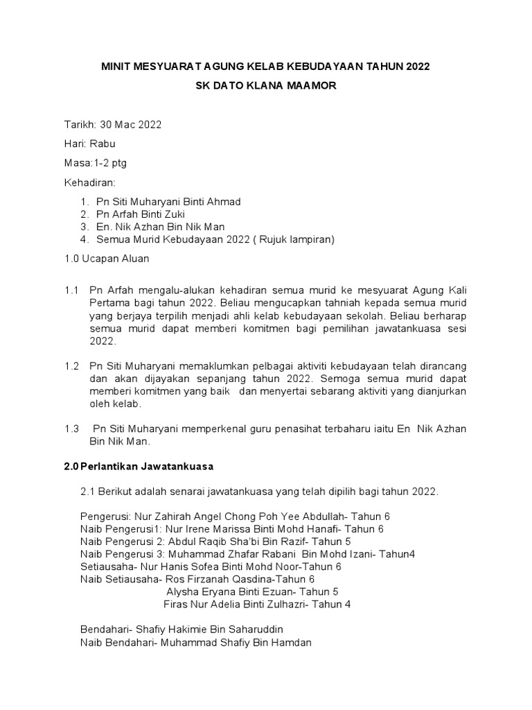 Minit Mesyuarat Agung Kelab Kebudayaan Tahun 2022 | PDF
