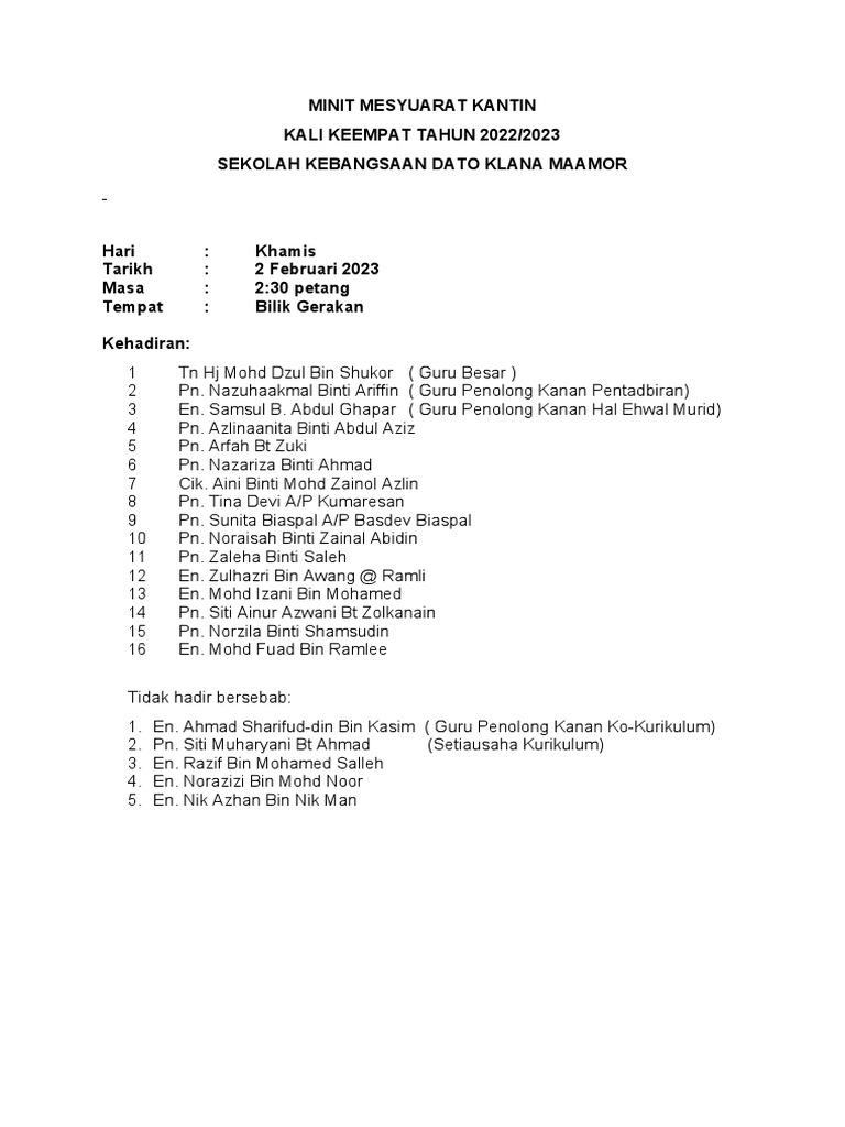 Minit Mesyuarat Kantin Kali Keempat 2022 | PDF