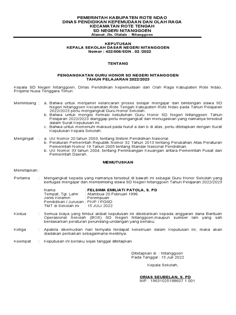 Contoh Format SK Penunjukkan Guru Honor TP. 2017-2018 | PDF