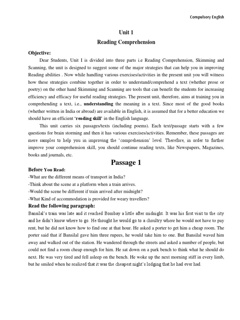 Compulsory English - Unit 1 | PDF | Speed Reading | Reading Comprehension